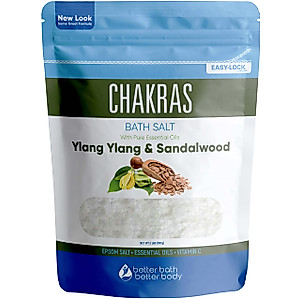 Chakras Bath Salt 32 Ounces Epsom Salt with Natural Ylang Ylang, Sandalwood, Eucalyptus, Frankincense, Chamomile and Cinnamon Essential Oils Plus Vitamin C in BPA Free Pouch with Easy Press-Lock Seal