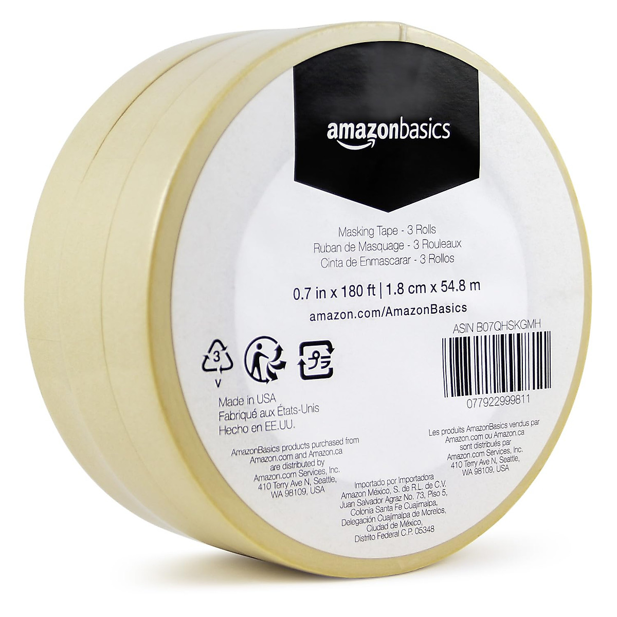 Amazon Basics Masking Tape, 0.7 Inch x 180 Feet - Pack of 3 Rolls