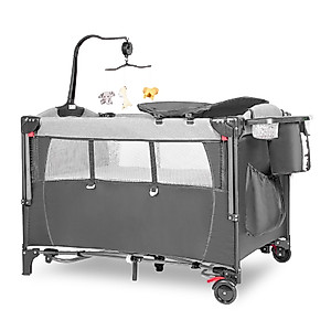 Afgbf Baby Bassinet Bedside Crib with Diaper Changer, 5 in 1 Pack and Play, Playpen Travel Bed with Storage, Baby Playard with 4 Adjustable Height, Carry Bag, Easy to Install, Grey