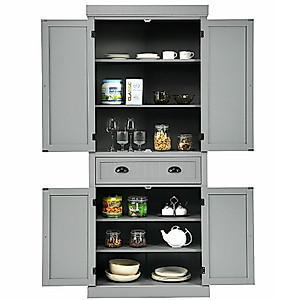 Huippy 72 inch Double Door Cupboard Freestanding Kitchen Pantry Cabinet with Four Adjustable Shelves and One Large Drawer for Kitchen Living Room Bedroom Hallway Home Office Storage (Gray)
