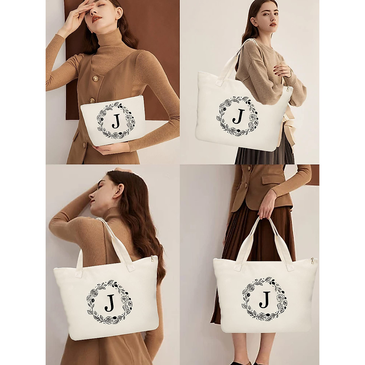 Binggemen Personalized Initial Canvas Tote Bag with Zipper, Present Bag with Inner Pocket & Make Up Bag, Great Gifts for Women, Mom, Teachers, Friends, Bridesmaids