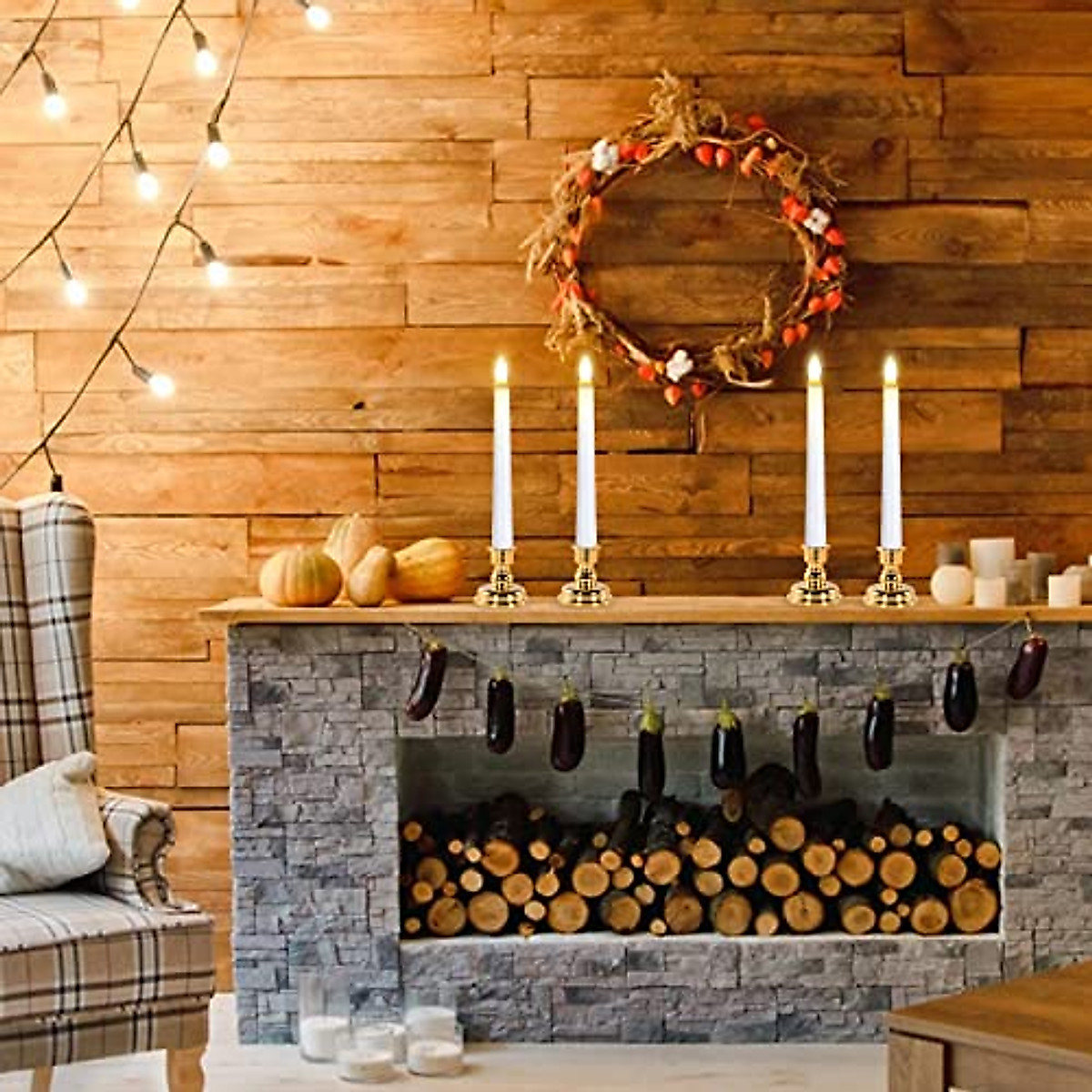 JOSU LED Window Candles, Christmas Flameless Window Candle Lights with Timer Battery Operated, 4 3D Wick Light Window Candle+4 Removable Gold Candle Holders+Remote, for Decor &Festival Celebration