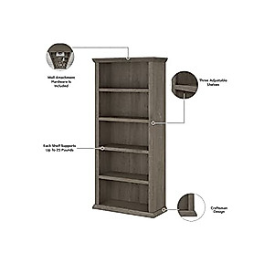 Bush Furniture Yorktown Home Office Desk with 5 Shelf Bookcase, 50W, Restored Gray