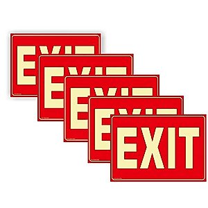 5 Pack Exit Sign for Business Lighted Glow in the Dark for Business - Comes with 2-Sided Tape - Non-Fade Colors/Durable, UV Protected, Easy to Mount - Waterproof - Peel & Stick