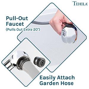 JS Jackson Supplies Utility Sink with White Vanity Cabinet, Chrome Finish Pull-Out Sprayer Faucet, Soap Dispenser and Spacious Vanity for Laundry Room