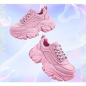 K KIP WOK Chunky Sneakers for Women Fashion Platform White Leather Casual Dad Shoes Comfortable Wedge Walking Sport Sneakers(Pink,7)