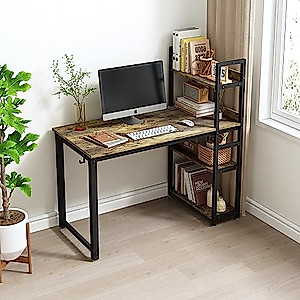 HOBINCHE 47 Inch Computer Desk with 4-Tier Shelves, Modern Writing Study Table with Reversible Bookshelf, Multipurpose Wood Desk Workstation with Metal Frame for Small Space, Rustic Brown