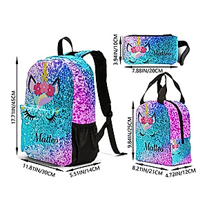 Personalized Name Teen School Backpack, Unicorn Glitter Bookbag Set with Insulated Lunch Tote Pencil Case Travel Bag