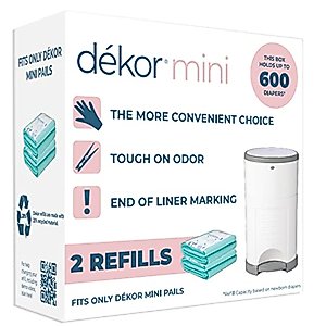 Dekor Mini Diaper Pail Refills | 2 Count | Most Economical Refill System | Quick & Easy to Replace | No Preset Bag Size – Use Only What You Need | Exclusive End-of-Liner Marking | Baby Powder Scent
