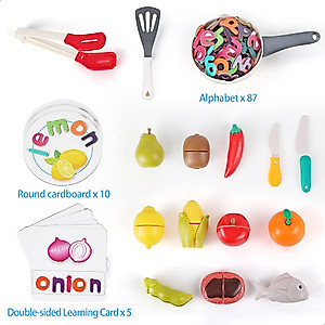 iPlay, iLearn Kids ABC Learning Educational Toys, 2-in-1 Toddler Match Letter Cards &amp; Pretend Kitchen Cooking Food Play Set W/Fruit Vegetable, Christmas Preschool Gifts for 3 4 5 6 Year Old Boy Girl