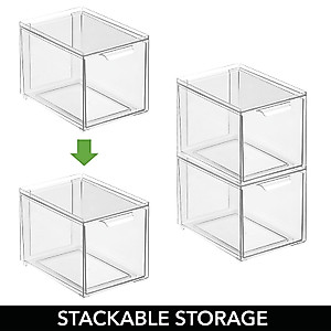mDesign Plastic Pantry Organization and Storage Bin w/Pull Out Drawer - Slim Stackable Kitchen Supplies Storage Container for Organizing Cabinet, Fridge, Freezer - Lumiere Collection - 2 Pack - Clear