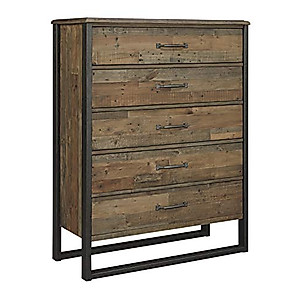Signature Design by Ashley Sommerford Industrial Farmhouse 5 Drawer Chest with Dovetail Construction, Butcher-Block Brown, Black