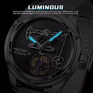 PINDU Automatic Watches for Men, Self-Designed and Modified 8215 Movement Oil Well Digging Design 50M Waterproof Analogue Watches Mens Unique Cool Mechanical Watch (Black Dial Silver Mesh Strap)