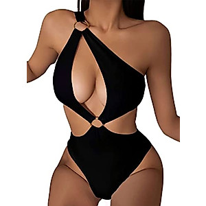 Hilinker Women's Sexy Ring Front Cut Out One Piece Swimsuit Halter Bathing Suit S-Black Small