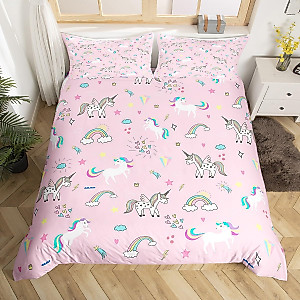 Girls Unicorn Duvet Cover Full for Kids Toddler, Cute Pink Unicorn Comforter Cover Cartoon Unicorn Bedding Set Kawaii Horse Bedspread Cover Kids Room Decor Lightweight Quilt Cover (No Comforter)