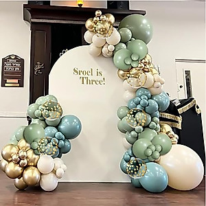 Dusty Green Blue Balloon Garland Arch Kit,Green Ash Mist Green Blue Haze Fog Blue Sand White Gold Balloons for Jungle Safari Neutral Birthday Baby Shower Wedding Birthday Party Decorations