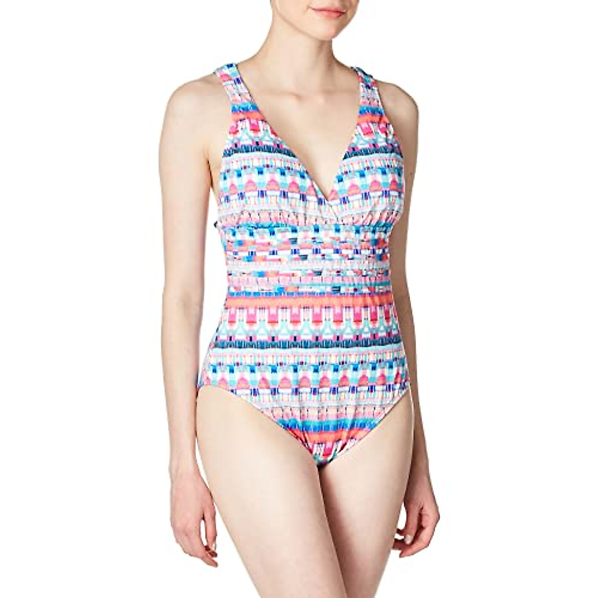 La Blanca Women's Standard Multi Strap Cross Back One Piece Swimsuit, Bird of Paradise//Global Jive, 6