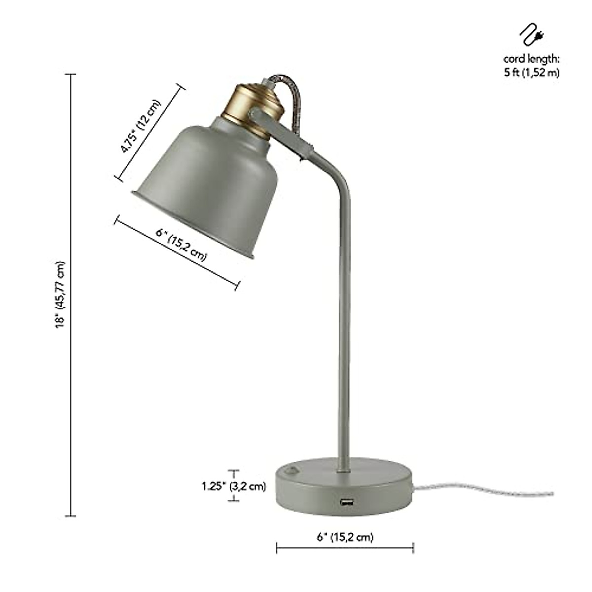 Globe Electric 30296 18" Desk Lamp with 2.1 USB Port, Matte Sage Green, Brass Accents, Push Button On/Off Switch, Home Décor, Desk Lamps for Home Office, Home Office Accessories