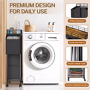 LASZOLA Slim Laundry Hamper with Wheels & Lid, 52L Thin Narrow Laundry Basket with Handle for Small Spaces, Tall Rolling Skinny Clothes Hamper with Removable Liner Bag, Side Pockets and Net Bag, Black