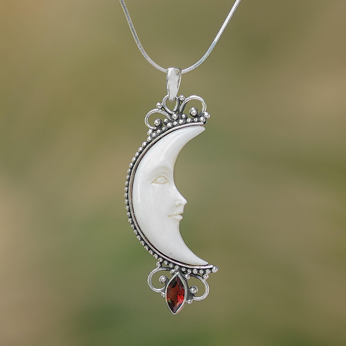 NOVICA Artisan Handmade Bone Pendant Necklace | Garnet Pendant Necklace for Women | Crescent Moon Pendant Necklace | .925 Sterling Silver Pendant Necklace | Artisan Pedant Necklace