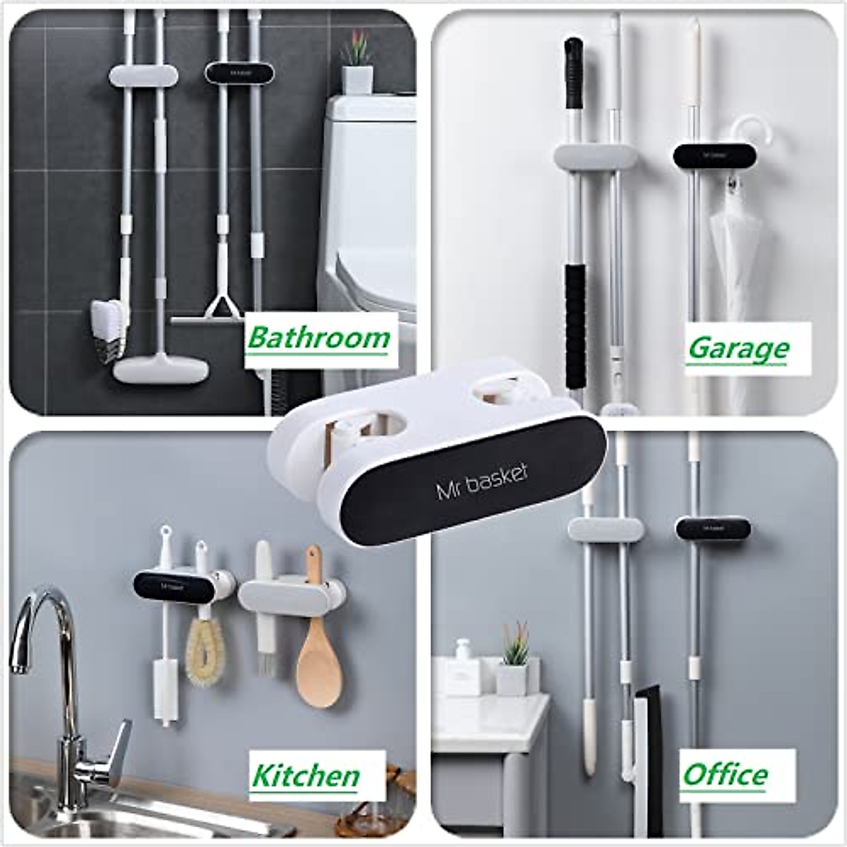 Mop and Broom Holder,Broom and Dustpan Hanger Holder Wall Mount Waterproof Heavy Duty Self Adhesive Gripper No-Drilling,Space Saver Tool Organizers For Kitchen,Garage,Bathroom,Laundry Room (Black)