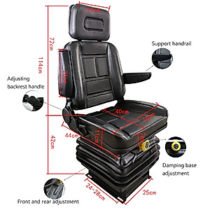 Tractor Suspension Seat, Adjustable Universal Replacement Seat W/Armrest W/Backrest, Compatible with Excavator Skid Loader Dozer Telehandler