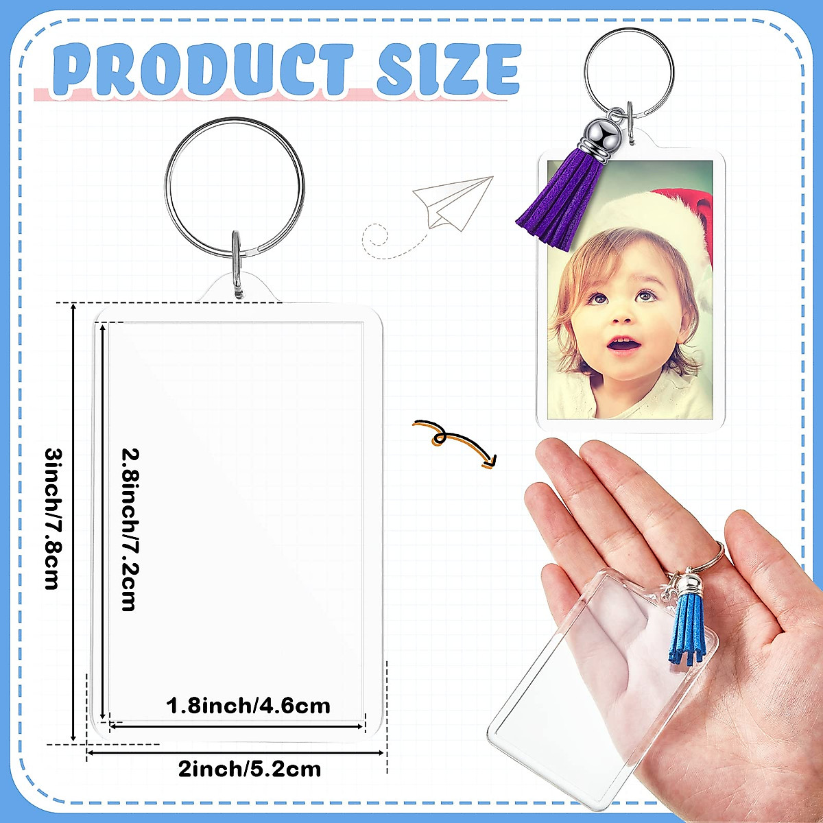 Henoyso Rectangle Acrylic Keychain Blanks Acrylic Photo Keychain Picture Frame Keychain with Tassels, 2 x 3 Inch(24 Sets)