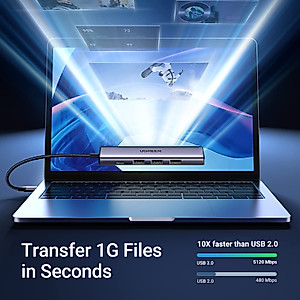 UGREEN USB 3.0 Hub 4 Ports Aluminum Ultra-Slim USB Multiport Adapter, Powered USB C Splitter Compatible with MacBook, iMac, Surface, Laptop, PC, Mouse, Keyboard, Flash Drive, and More