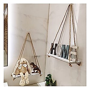 HoreZer Wood-Rope Hanging Floating Shelves Wall Decor Set of 2, Rustic White Wall Shelf with 4 Hooks and 4 Ropes,Wall Hanging Rope Shelves for Garden Kitchen Bathroom Living Room