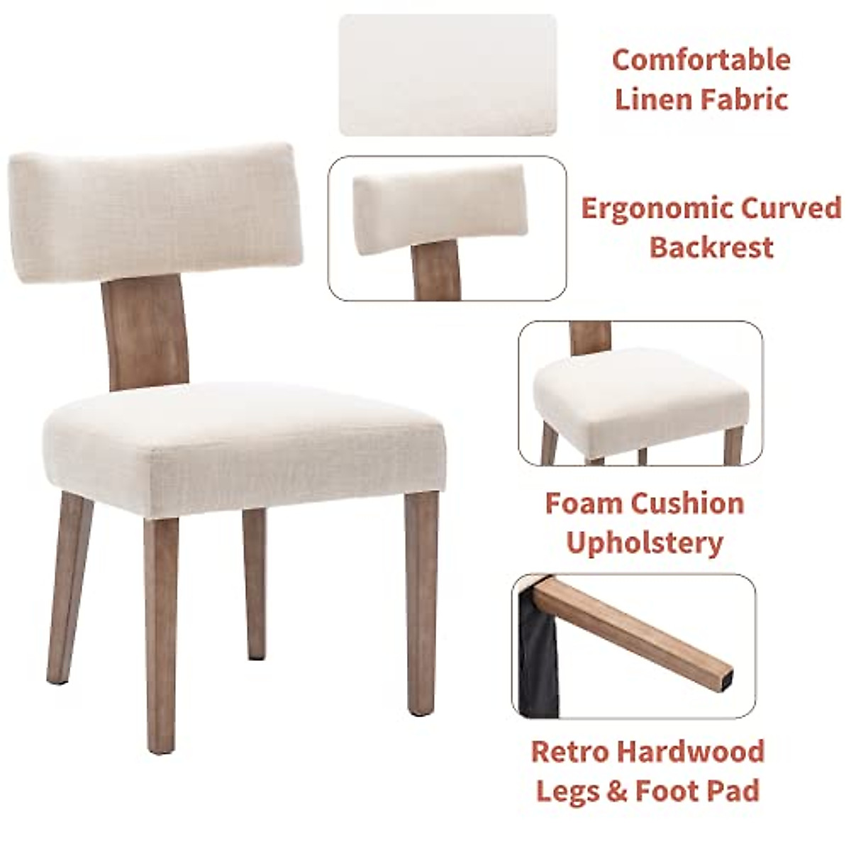 HNY Mid Century Modern Dining Chairs Set of 6, Farmhouse Linen Fabric Upholstered Accent Chairs Curved Backrest Kitchen Chairs, with Hardwood Frame, Beige, Linen-beige
