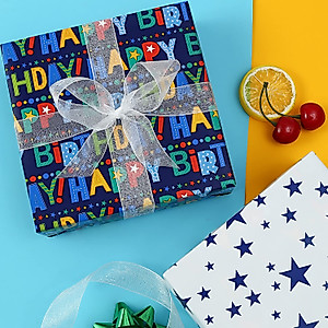 AUCLAY Reversible Birthday Wrapping Paper for Boys Girls Kids Adults Baby Shower Holiday - Colorful Happy Birthday Lettering and Stars Design - Gift Wrapping Paper Roll, 17.7 Inch X 33 Feet