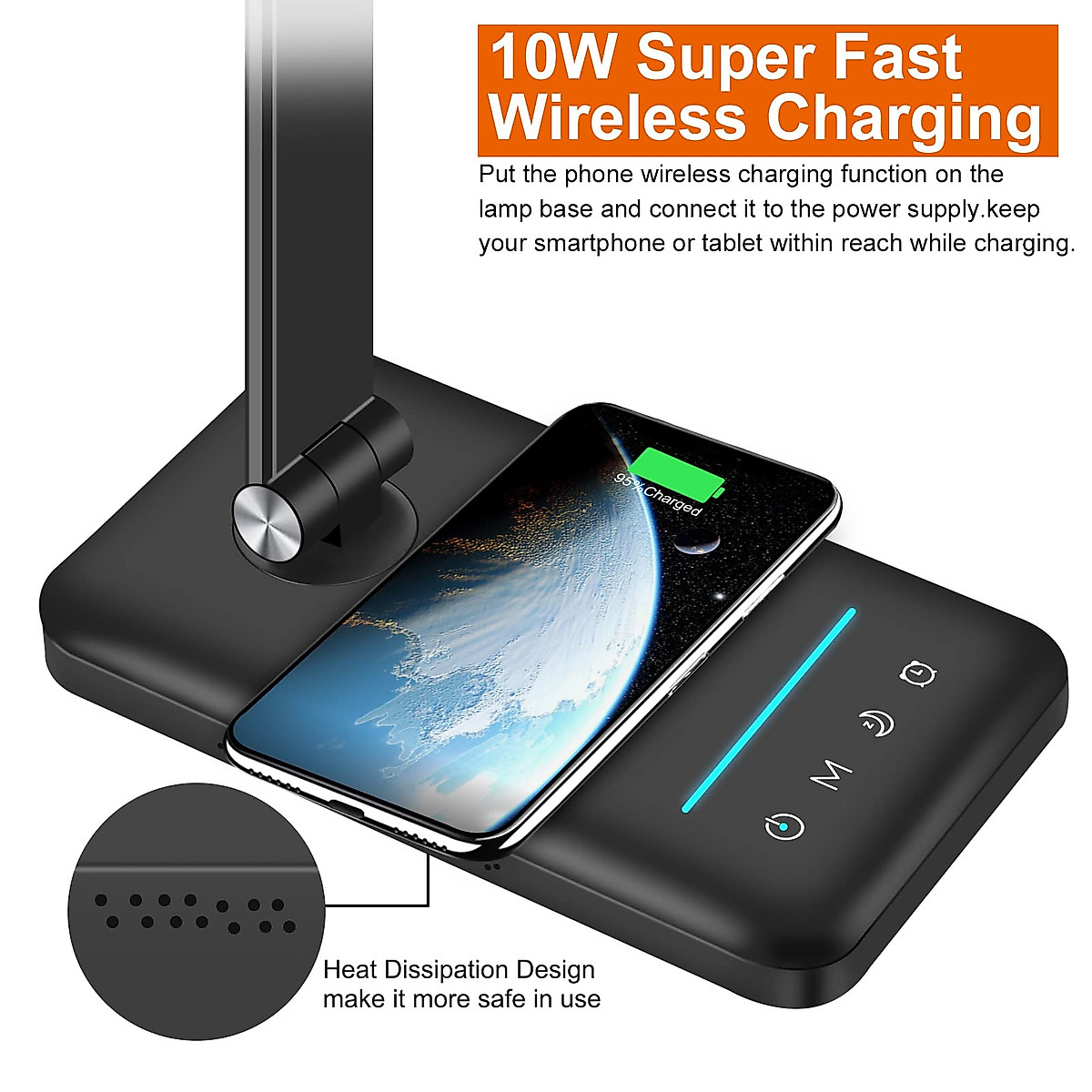 AFROG Multifunctional LED Desk Lamp with 10W Fast Wireless Charger, USB Charging Port, 5 Lighting Modes,7 Brightness Levels, 40 min Timer, Night Light Function,Eye-Caring Office Lamp, 5000K,8W,Black