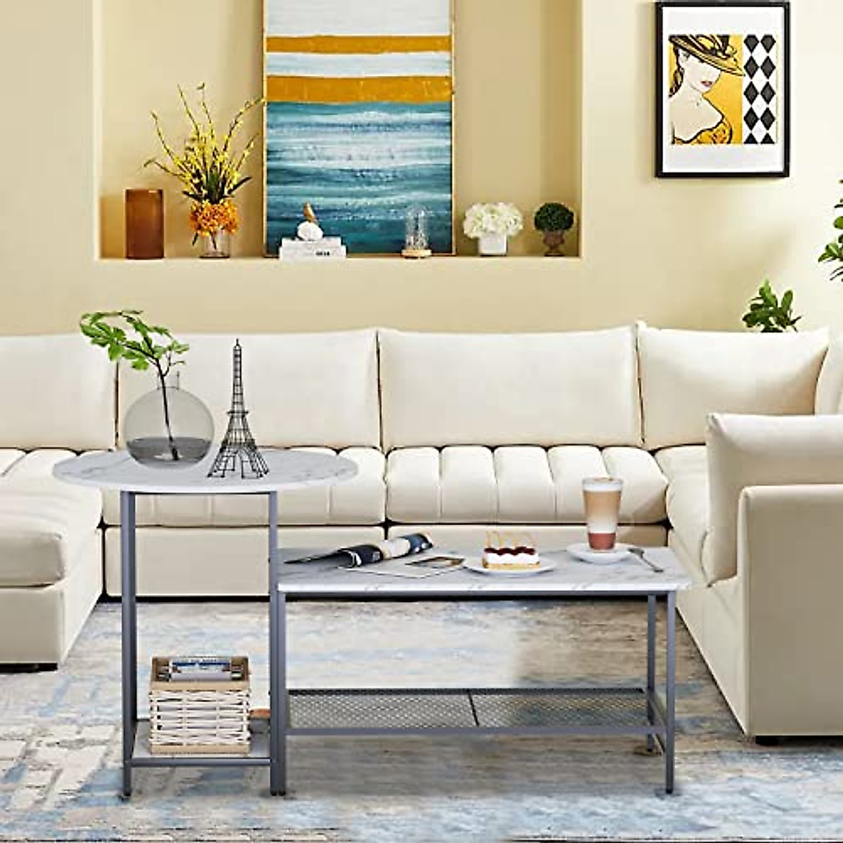 Huhote Nesting Coffee Table Set of 2 Storage End Table Modern White Faux Marble Round and Rectangular Table,2 Tiers Large Table with Metal Frame for Living Room Balcony Cabin Bed Room Dining Room.