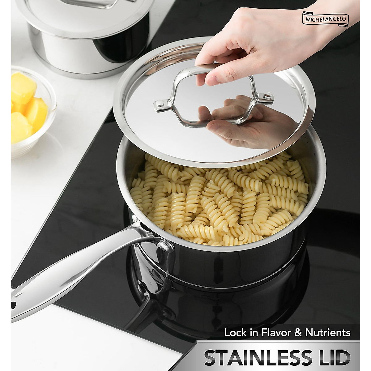 MICHELANGELO Stainless Steel Saucepan Set with Stainless Lids, Tri-Ply Bottom Sauce Pan with Lid, Sauce Pot Set 1QT & 2QT &3QT, Nonstick Saucepan, Dishwasher Safe