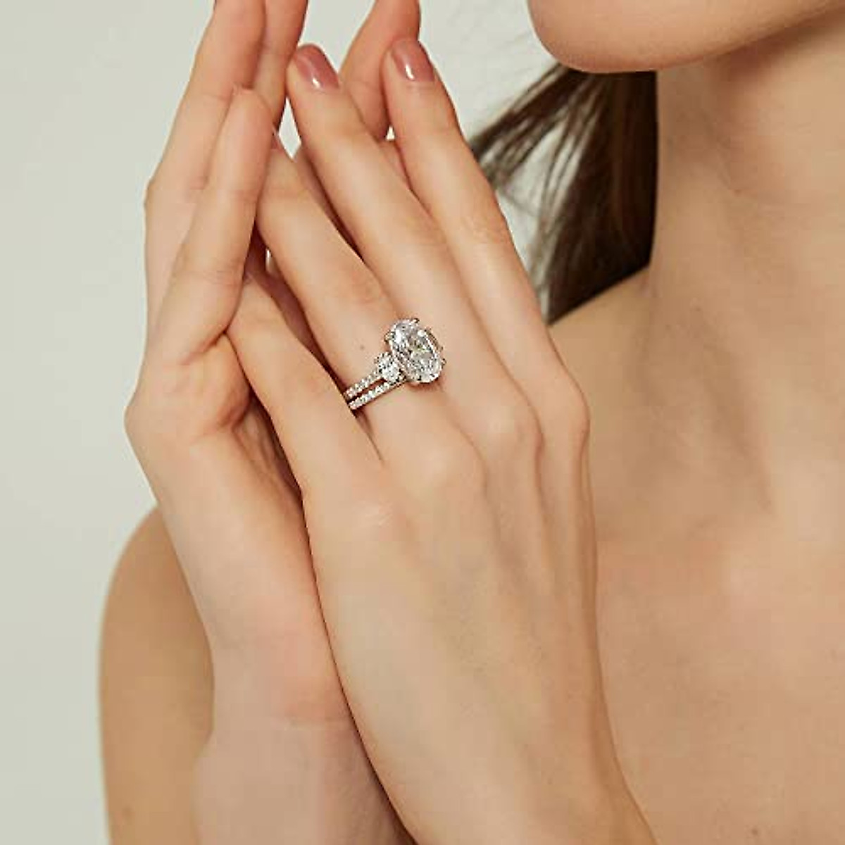 BERRICLE Sterling Silver 3-Stone Wedding Engagement Rings Oval Cut Cubic Zirconia CZ Ring Set for Women, Rhodium Plated Size 8