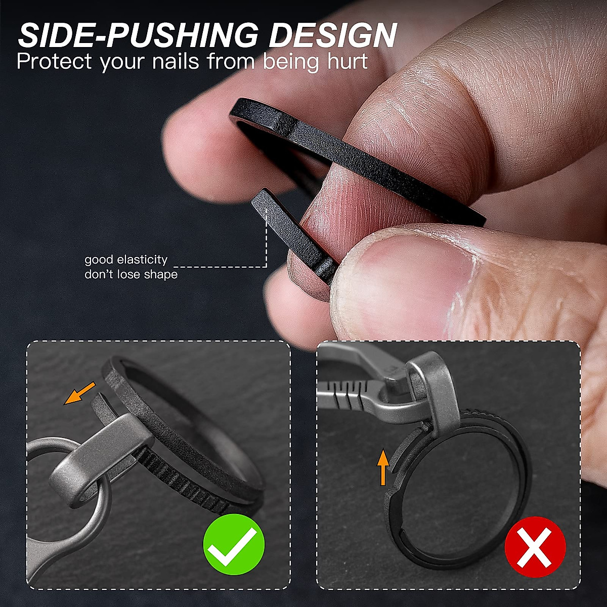 FEGVE Key Rings, Titanium Side Pushing Key Ring Keychain Rings Small Black Split Keyrings for Men (Black-6pcs)