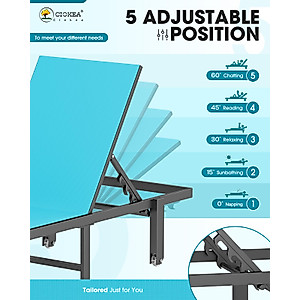 Aluminum Chaise Lounge Chair Outdoor with Wheels, Patio Lounge Chair with Adjustable 5-Position Recliner and Full Flat Tanning Chair for Patio, Beach, Pool, Lake Blue