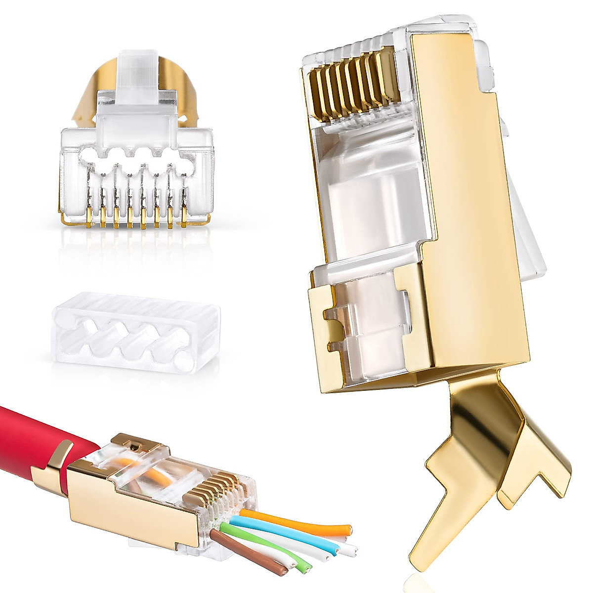 Everest Media Solutions RJ45 Cat7 & Cat6A Pass Through Connectors - 30 Pcs, 50UM Gold Plated Shielded FTP/STP External Ground for 23 AWG Network Cable