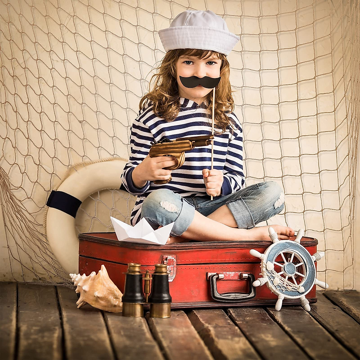 Shappy 2 Pieces Fish Net Decorative 80 x 40 Inch, Wall Hanging Fishnet for Mermaid, Pirate, Nautical, Under The Sea Party Decorations, Ocean Themed Hawaii Beach Halloween Party Supplies(Beige)