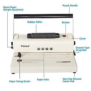 TIANSE Coil Binding Machine, Electric Coil Inserter, Manual Round Hole Punch, 15 Sheets Punch Capacity, Perfect for Letter Size / A4 / A5, Comes with 100pcs 5/16'' Plastic Coil Binding Spines & Plier