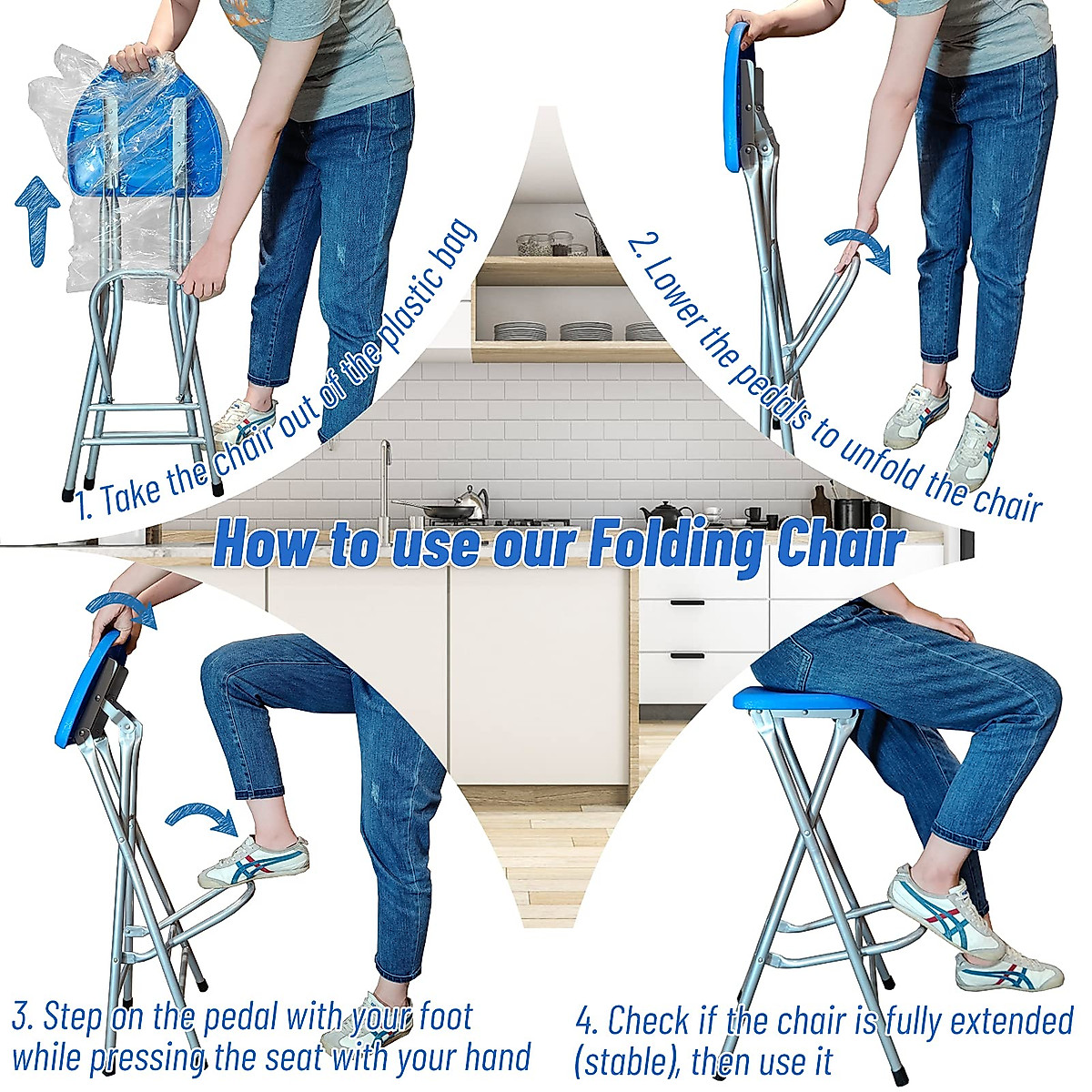 Be&xn Folding Stools for Adults Portable, 28 inch Collapsible Stool Heavy Duty, Indoor Tall Bar stools with Handle, Plastic Counter Barstool Chair for Kitchen Outdoor Travel-Blue