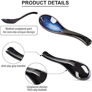 Asian Soup Spoon Set, Blue Japanese Soup Spoon Ceramic Chinese Soup Spoons Ramen Spoon Retro Porcelain Spoon Rice Spoons For Cereal Stews Ramen Pho Wonton Dumpling Miso, 2pcs