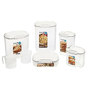 Sistema 5-Piece Food Storage Containers for Pantry with Lids and 2 Measuring Cups for Flour and Sugar, Dishwasher Safe, White