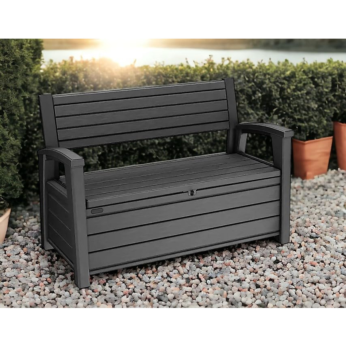 Generic Hudson Stylish and Plastic Outdoor Storage Bench, Perfect for organizing Garden Tools and Accessories While Providing Extra 2 Seating in Graphite Gray