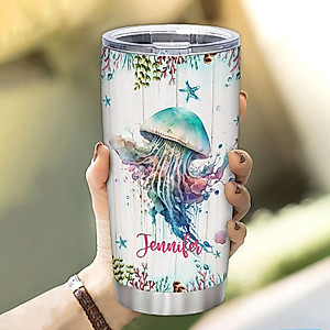 Hyturtle Personalized Gifts For Jellyfish Lover - Just A Girl Who Loves Jellyfishs Custom Name Stainless Steel Tumbler 20oz With Lid - Idea Ocean Animal Lover Gifts For Women Girl On Birthday