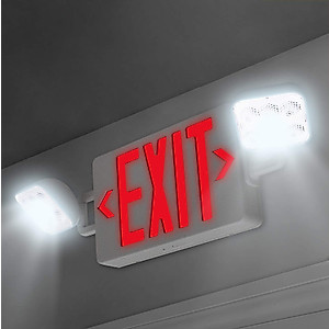 LFI Lights | Combo Red Exit Sign with Emergency Lights | White Housing | All LED | Two Adjustable Square Heads | Hardwired with Battery Backup | UL Listed | (1 Pack) | COMBOLG-R