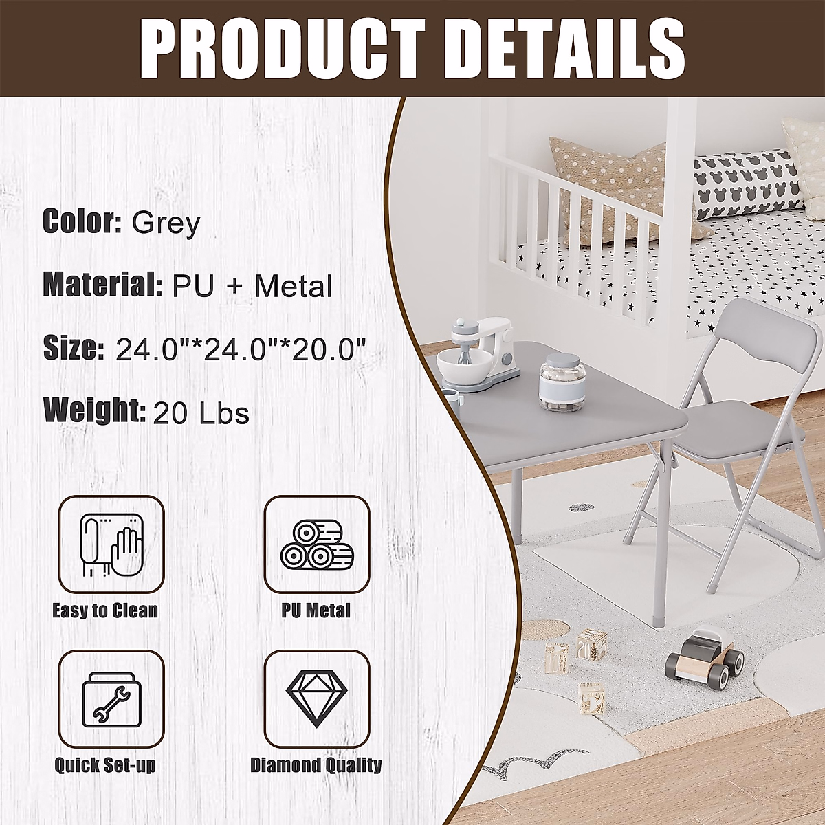 GAOMON Boys and Girls Folding Table and Chairs Set of 3, Portable Table and Chair with Pu Soft Cushion, No Installation Required, Suitable for Eating, Reading and Playing