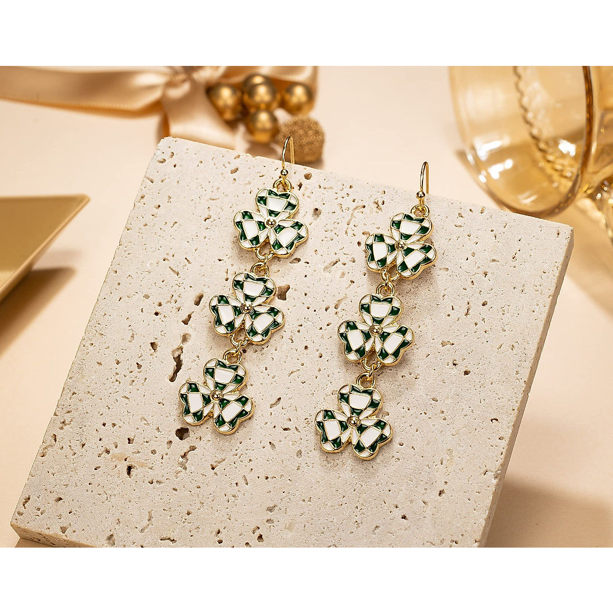 St Patrick's Shamrock Earrings for Women, Unique Green and White Luck Clover Jewelry, Charm Irish Party Gift