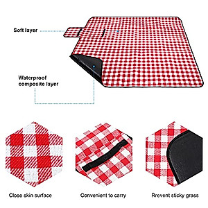 Picnic Basket Natural Woven Woodchip Basket with Double Folding Handles, Picnic Blanket Easter Basket for Easter Egg Candy Halloween Christmas Kids Toy Storage (Red and White Grid)