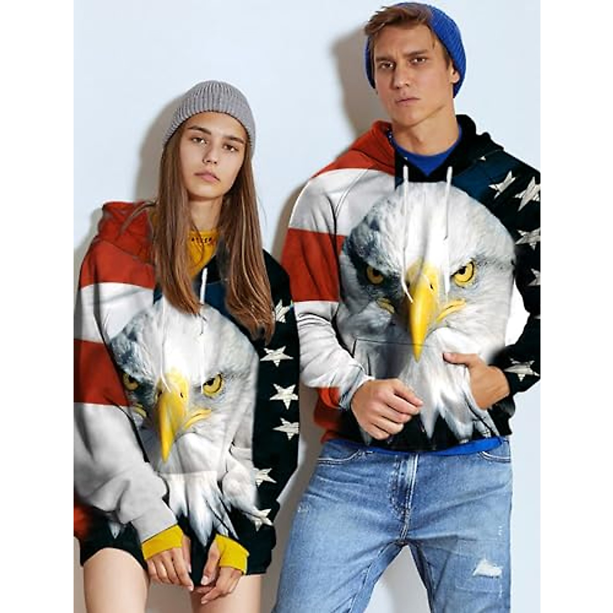 RAISEVERN Men and Women Novelty Fleece Hoodies Flag Printed 80s Pullover Athletic Sweaters Long Sleeve Fleece Hooded Sweatshirts Red White